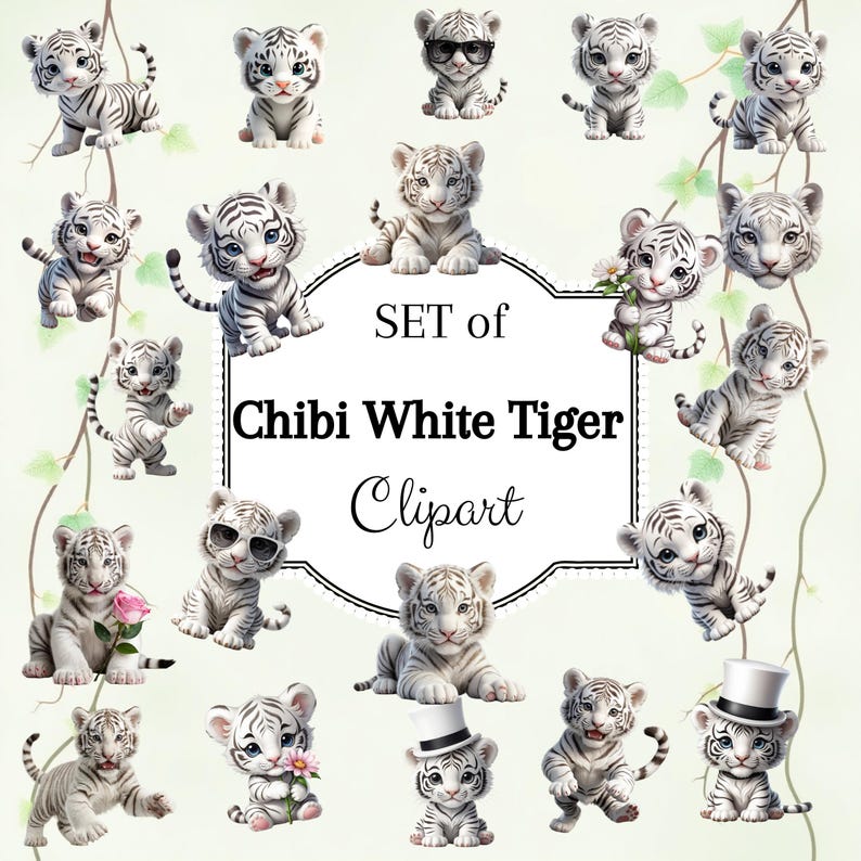 Chibi White Tiger Cub Clipart PNG, Clip Art Bundle, Junk Journal, Paper ...