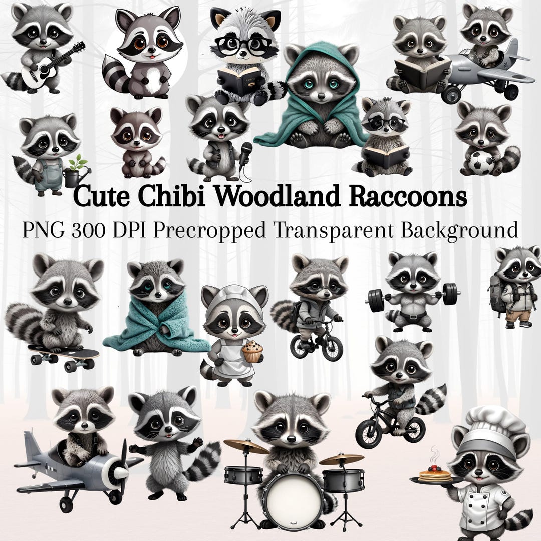 Chibi Woodland Raccoon Clipart Cute Forest Animal PNG Bundle Kawaii ...