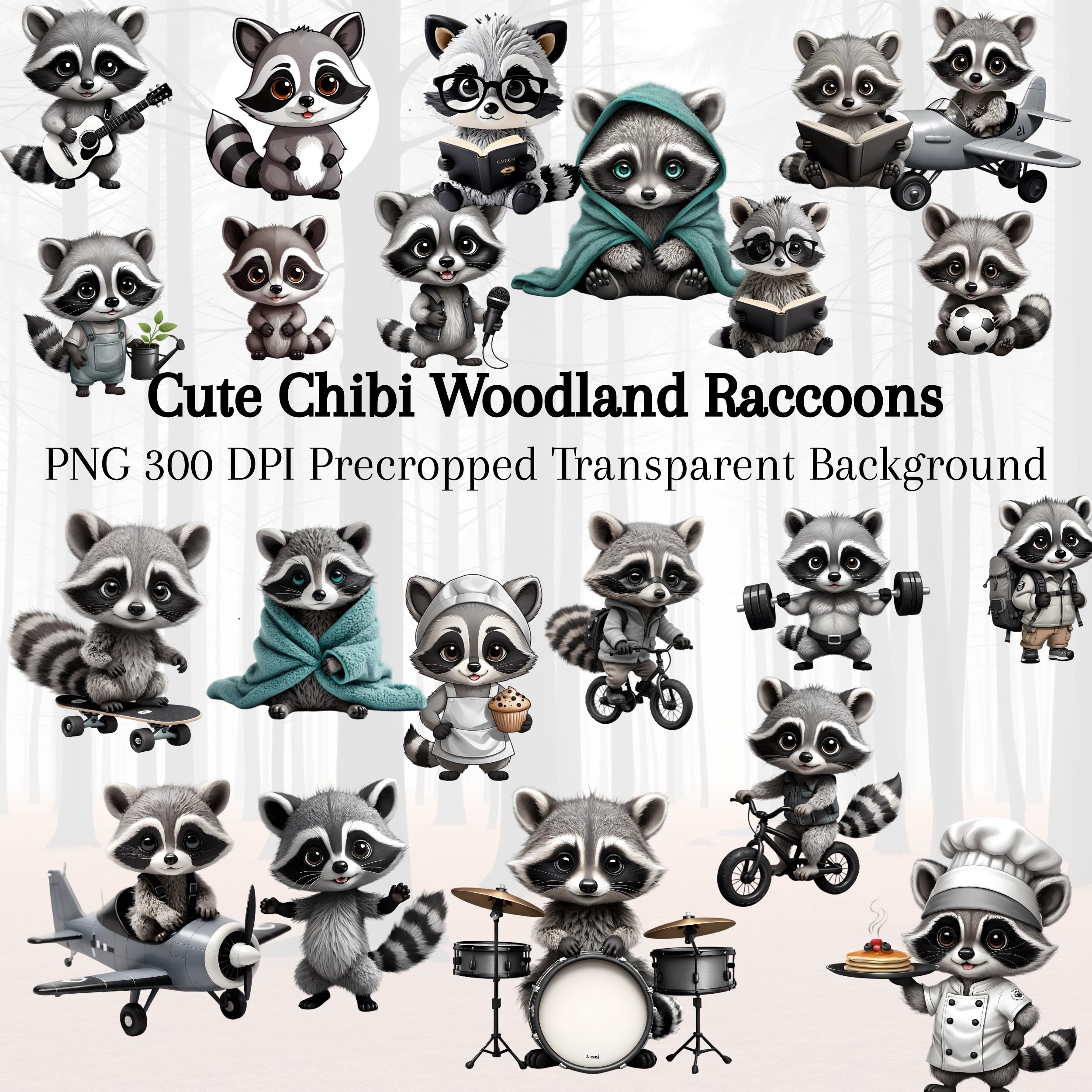 Chibi Woodland Raccoon Clipart Cute Forest Animal PNG Bundle Kawaii ...