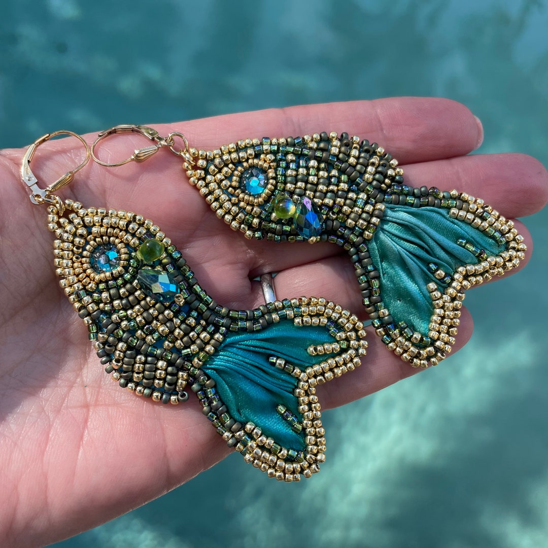 Bead Embroidered Fish Earrings Shibori Ribbon - Etsy