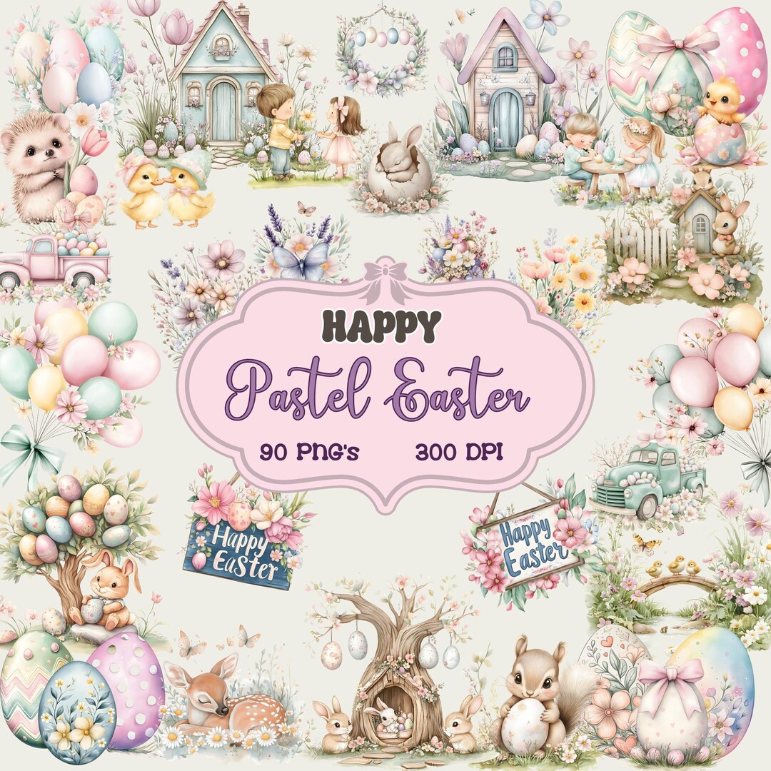 Pastel Watercolor Easter Clipart: Bunny, Chicks, Eggs Pngs (digital ...