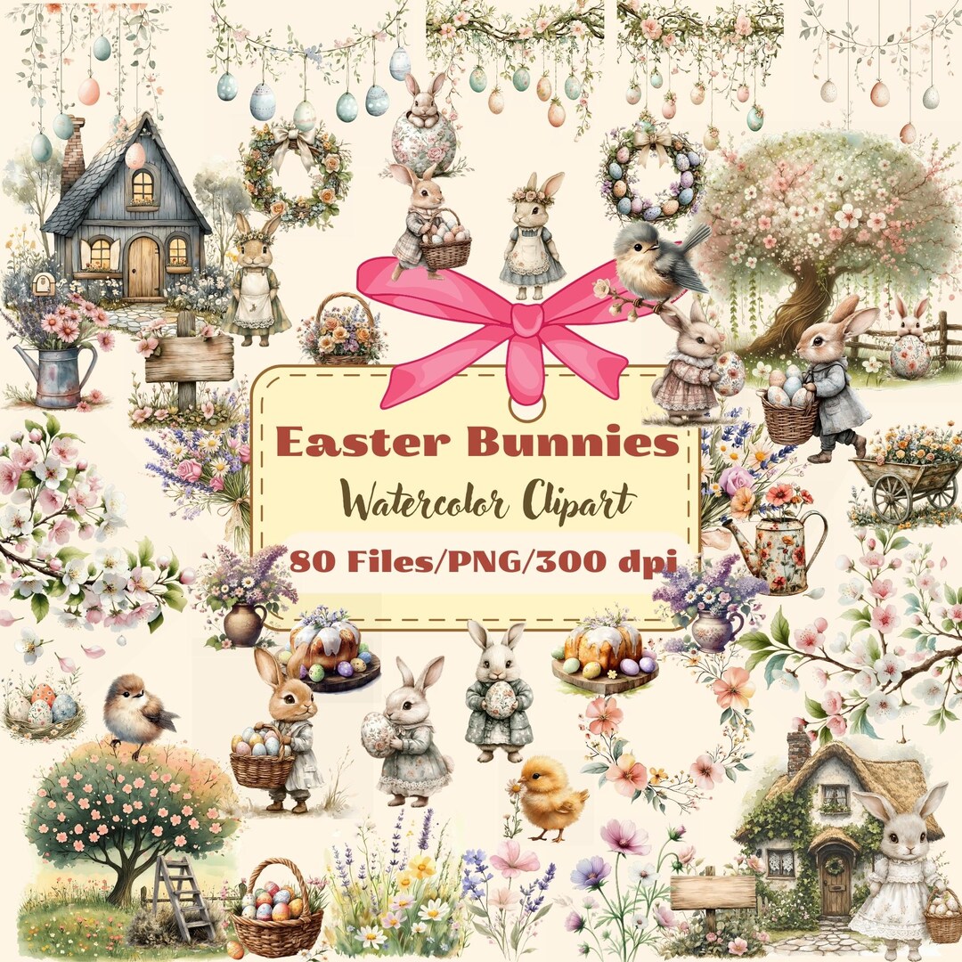 Easter Bunny Watercolor Clipart: Spring Floral Eggs (digital Download ...