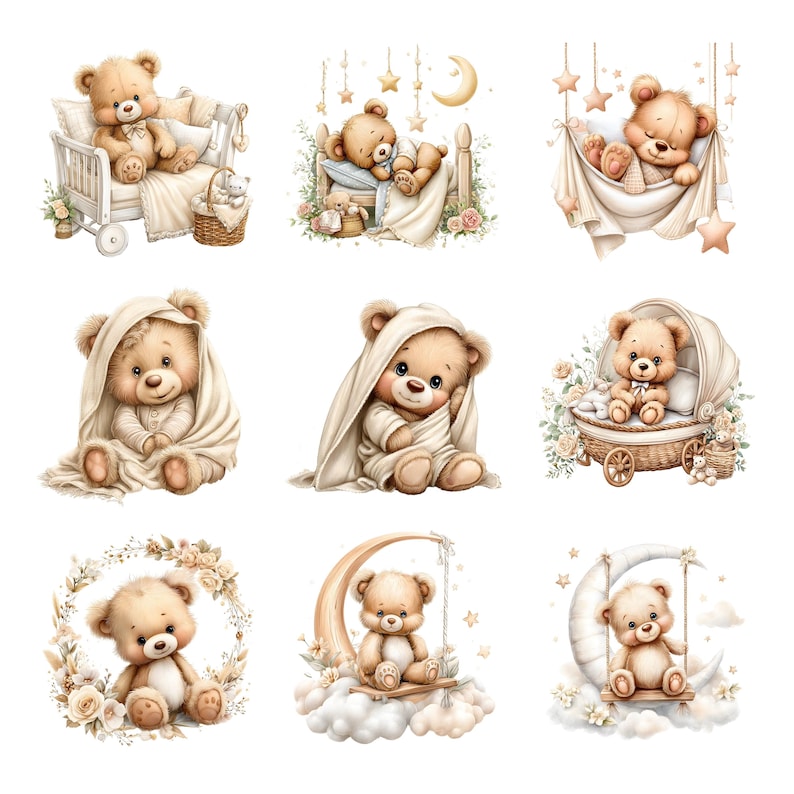 Baby Bear Watercolor Clipart, Boho Nursery PNG, Teddy Bear Sublimation ...