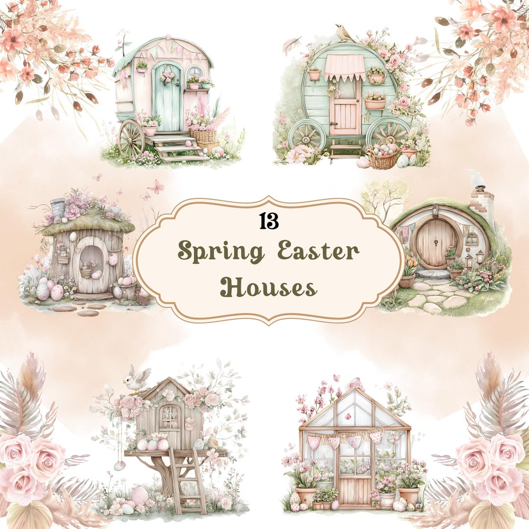 Easter Clipart: Watercolor Bunny Cottages & Egg Treehouses (digital ...