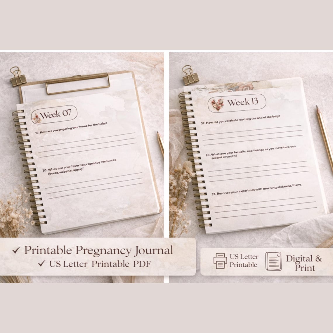 Weekly Pregnancy Journal Printable PDF – 50 Pages Boho Neutral Baby ...