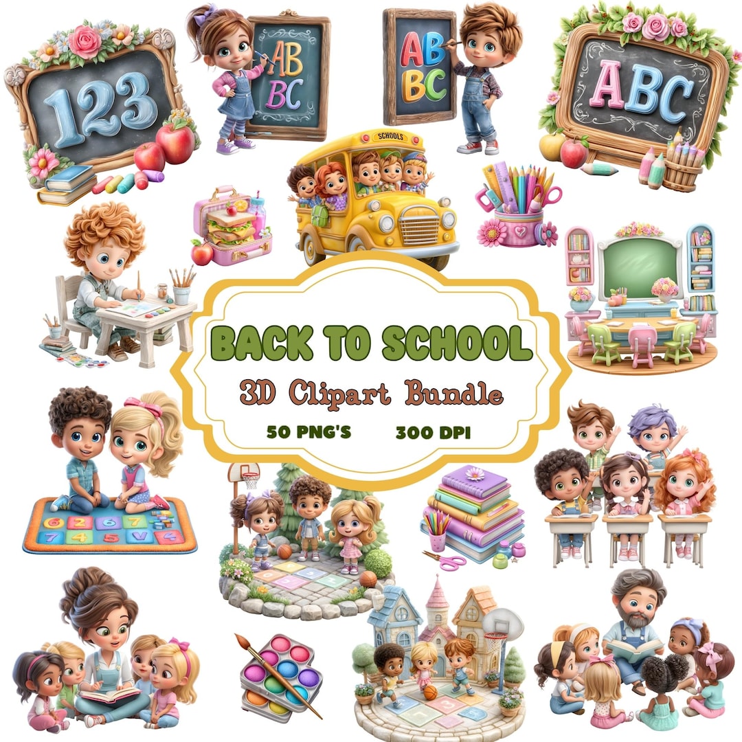 Back to School Clipart Bundle, Cute Kids, School Bus, Classroom Objects ...
