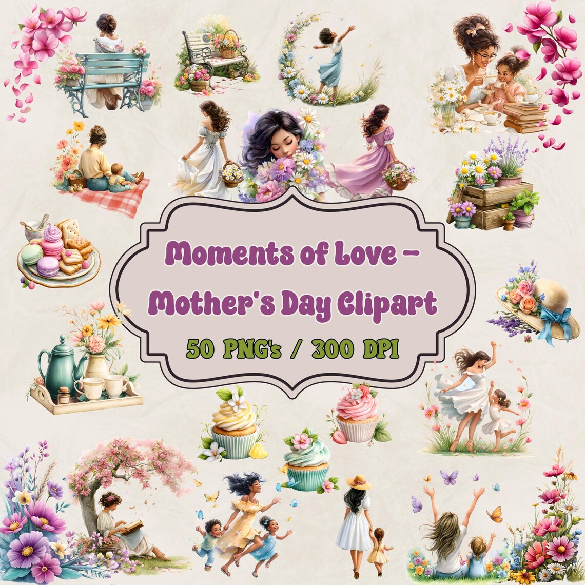 Watercolor Mother's Day Clipart, Floral PNG Graphics (digital Download ...