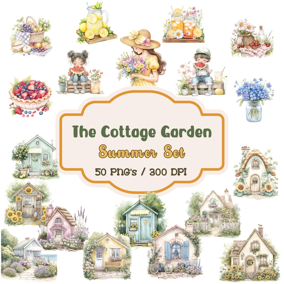 Cottage Garden Watercolor Clipart: Summer Picnic, Wildflowers (50 Pngs ...