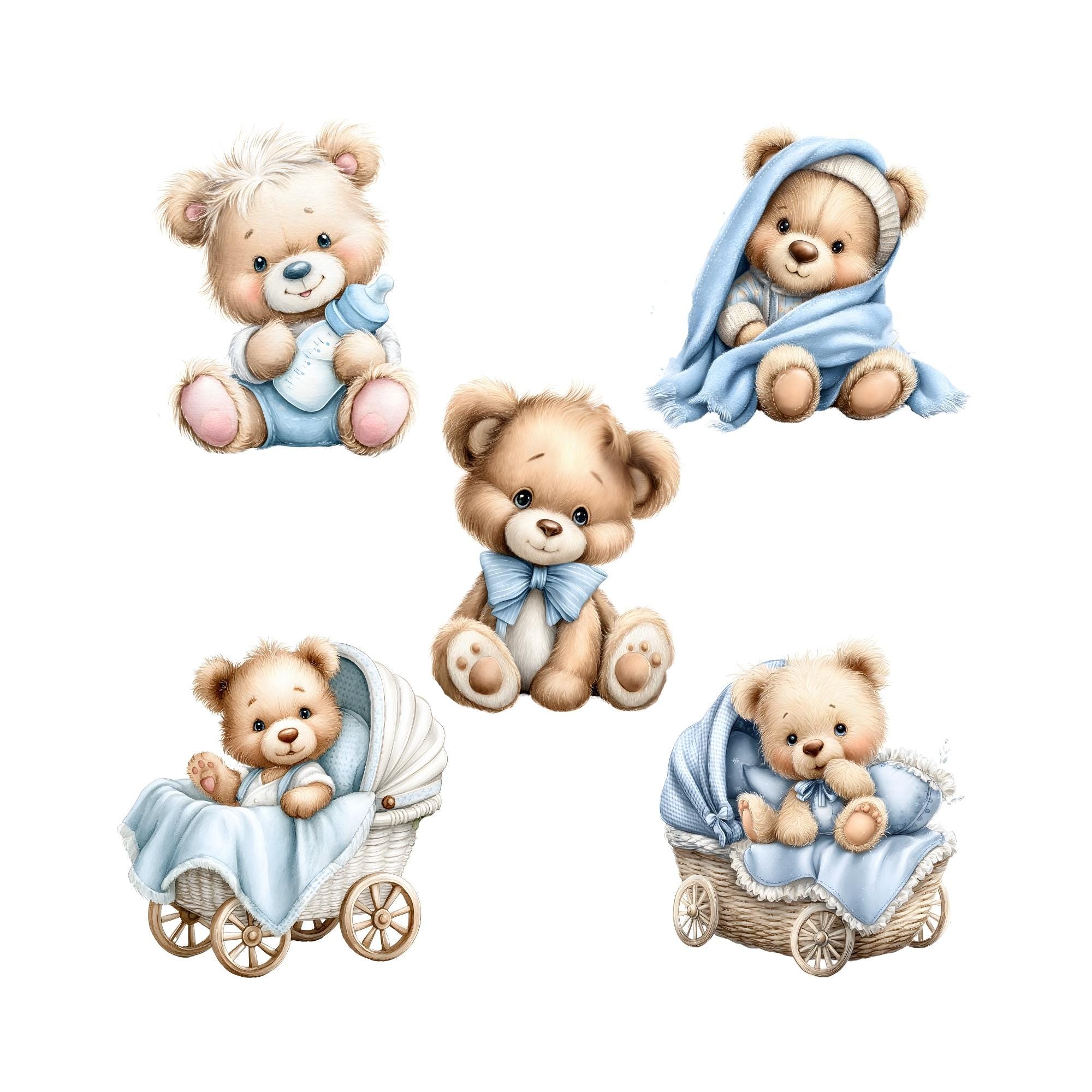Baby Boy Clipart Watercolor, Blue Teddy Bear PNG Set, Baby Shower ...