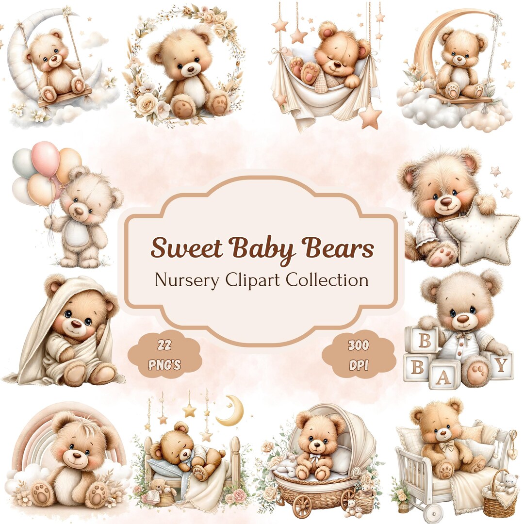 Baby Bear Watercolor Clipart, Boho Nursery PNG, Teddy Bear Sublimation ...