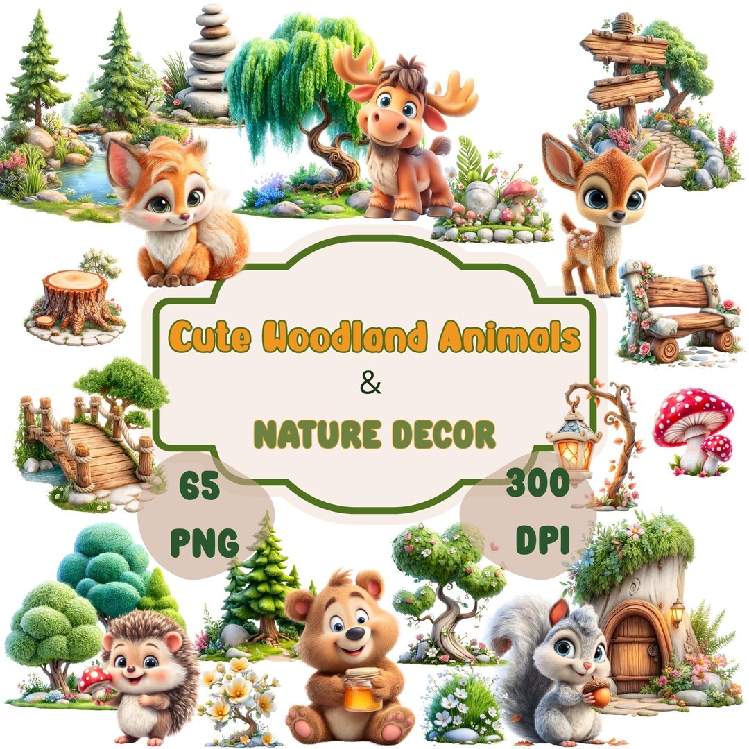 Woodland Animals Clipart Bundle: Forest Scene Creator, Nursery Art (PNG ...
