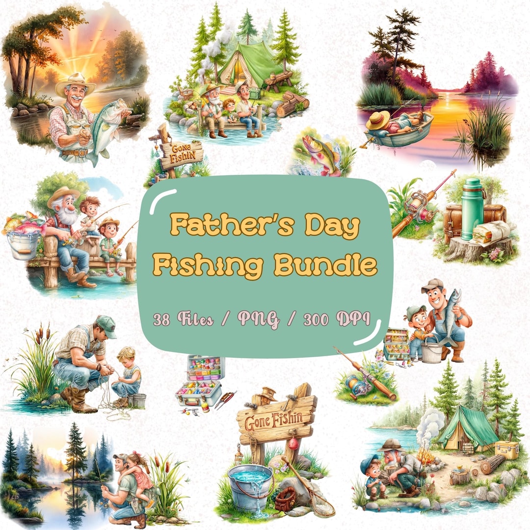 Father's Day Fishing Clipart Bundle: Watercolor Angling PNG (digital ...