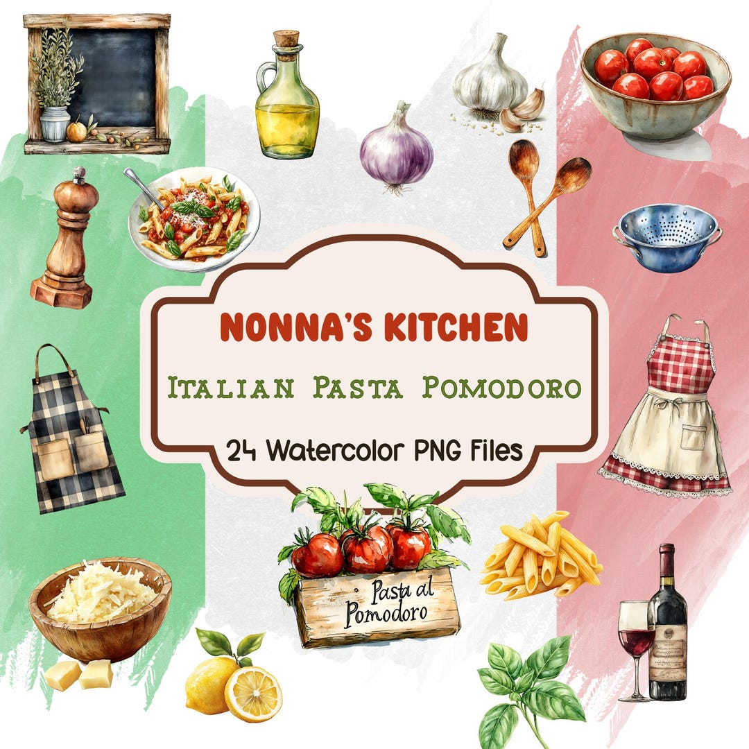 Watercolor Italian Pasta Clipart – Pomodoro Ingredients, Kitchen Tools ...