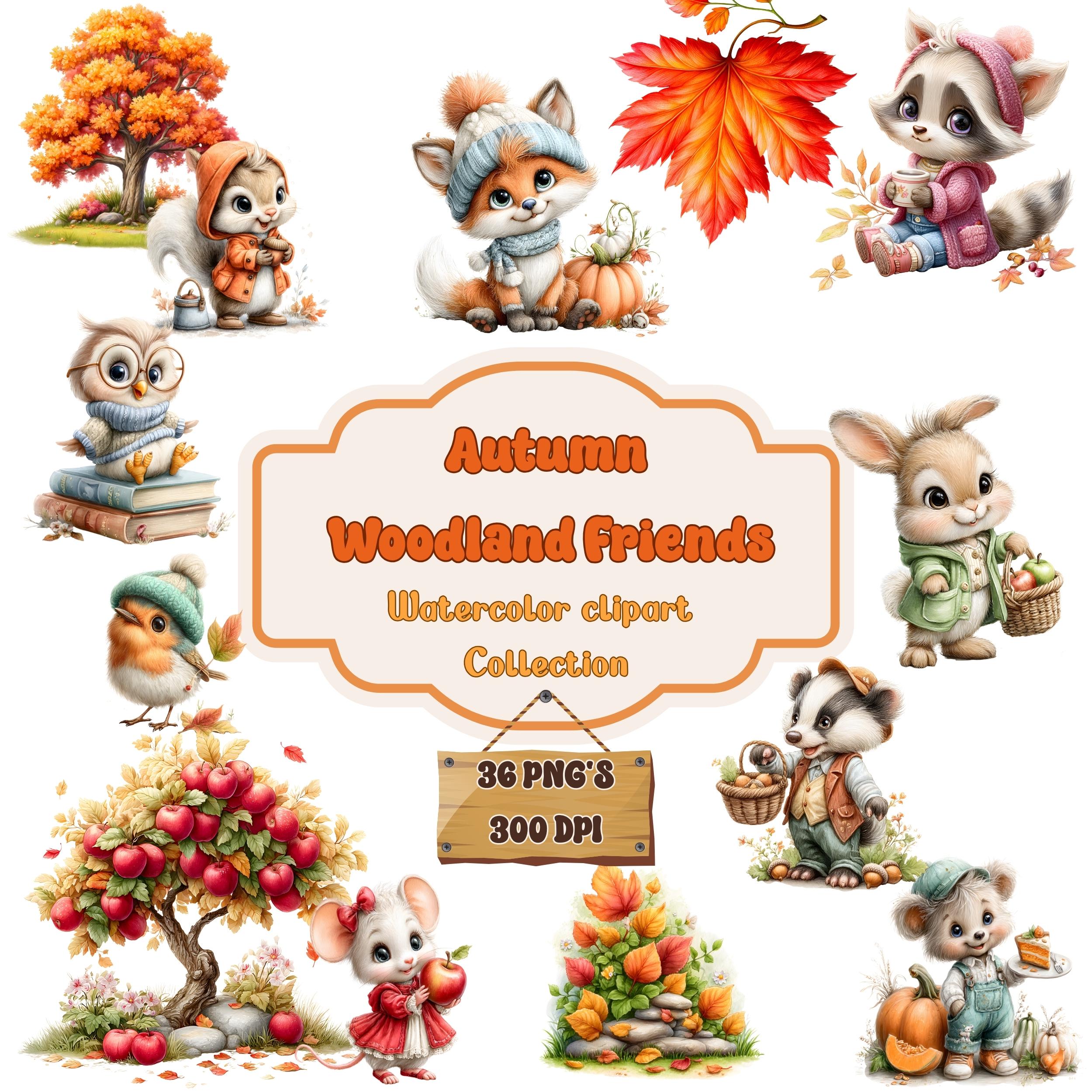 Watercolor Autumn Animals Clipart: Fall Forest Friends PNG (digital ...