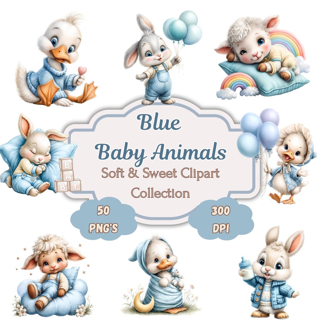 Blue Baby Animals Watercolor Clipart | Bunny, Lamb, Duckling (PNG) - Etsy