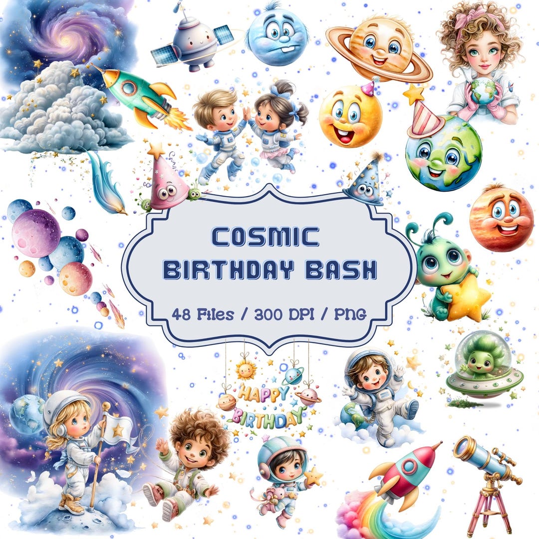 Cosmic Birthday Clipart, Space Themed Anniversary Party Decorations ...