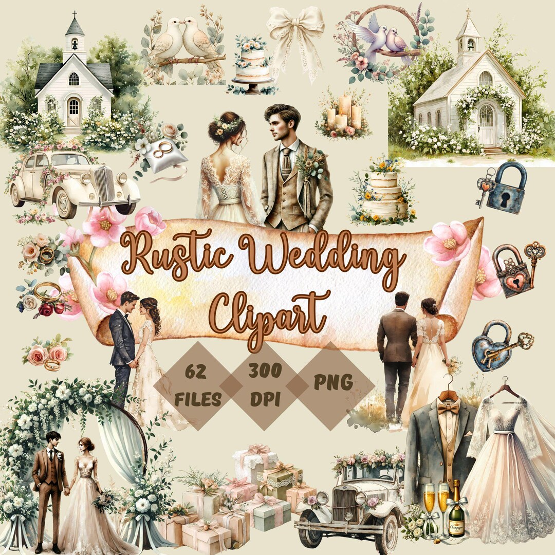 Rustic Wedding Clipart Bundle: Vintage Bridal Boho Graphics, Instant ...