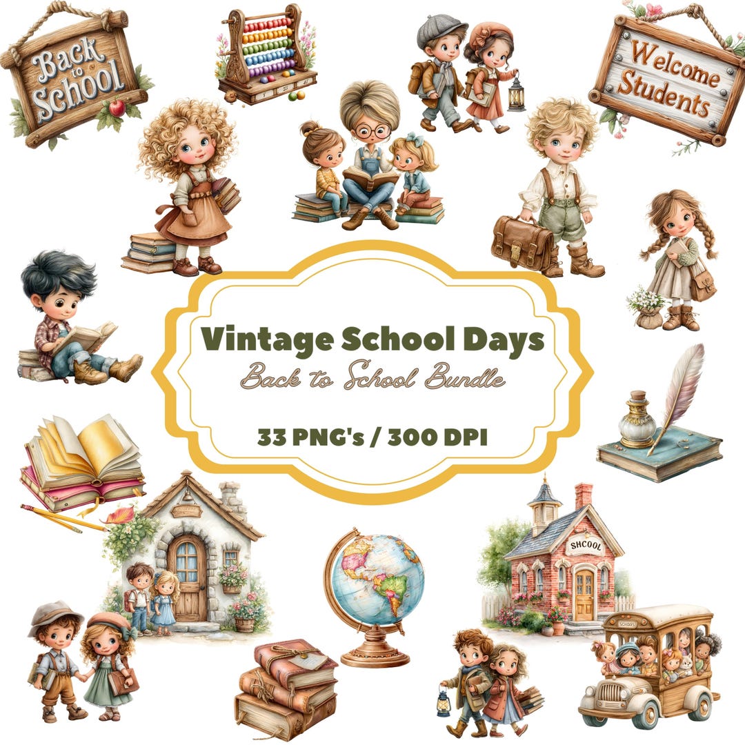 Vintage School Clipart: Retro Classroom Watercolor Illustrations (PNG ...