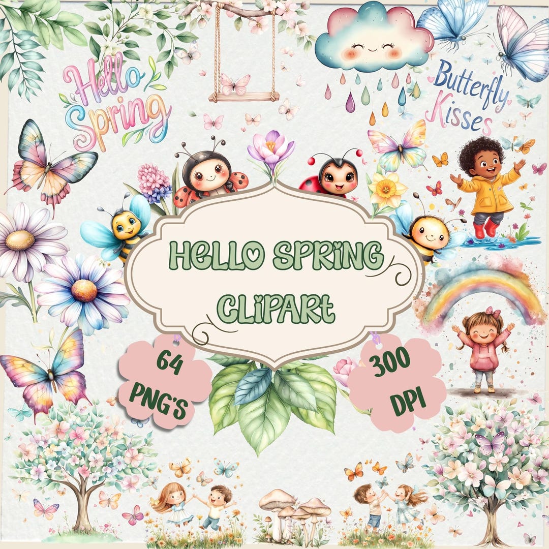 Spring Clipart Set – Watercolor Kids, Flowers, Umbrellas, Butterflies ...