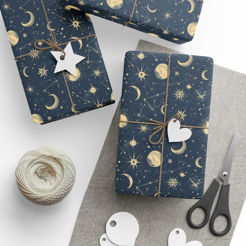 Celestial Wrapping Paper: Gold Foil Moon and Stars, Cosmic Night Sky - Etsy