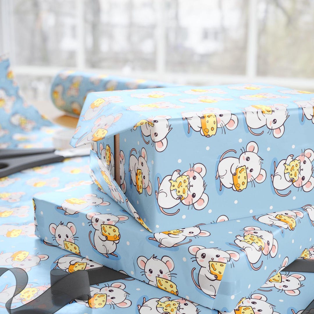 Cute Kawaii Mouse Wrapping Paper - Blue Cheese Gift Wrap, Adorable ...