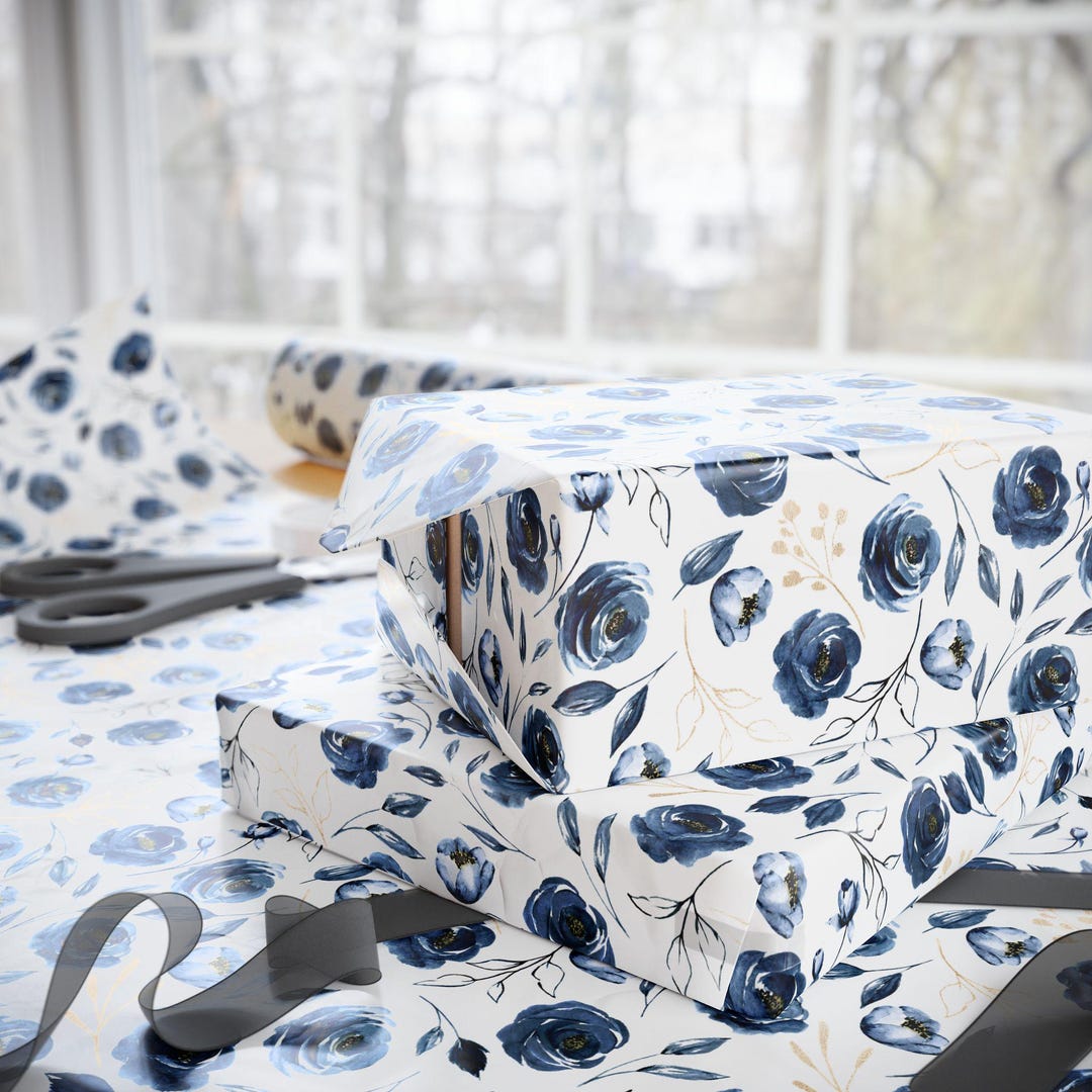 Blue Rose Floral Gift Wrap: Elegant Wedding Anniversary Paper - Etsy