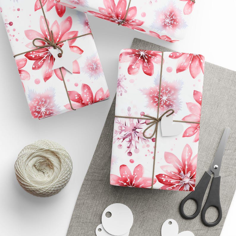 Elegant Pink Floral Snowflake Wrapping Paper Watercolor Holiday Gift ...