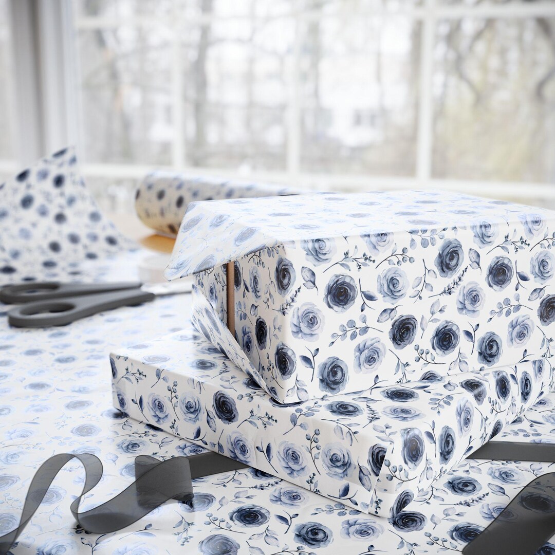 Navy Blue Rose Wrapping Paper: Elegant Floral Gift Wrap - Etsy