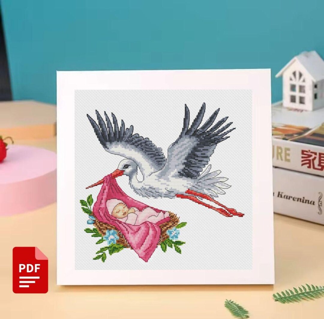 Cross Stitch Pattern in PDF Format, Little Happiness, Stork and Baby, a ...