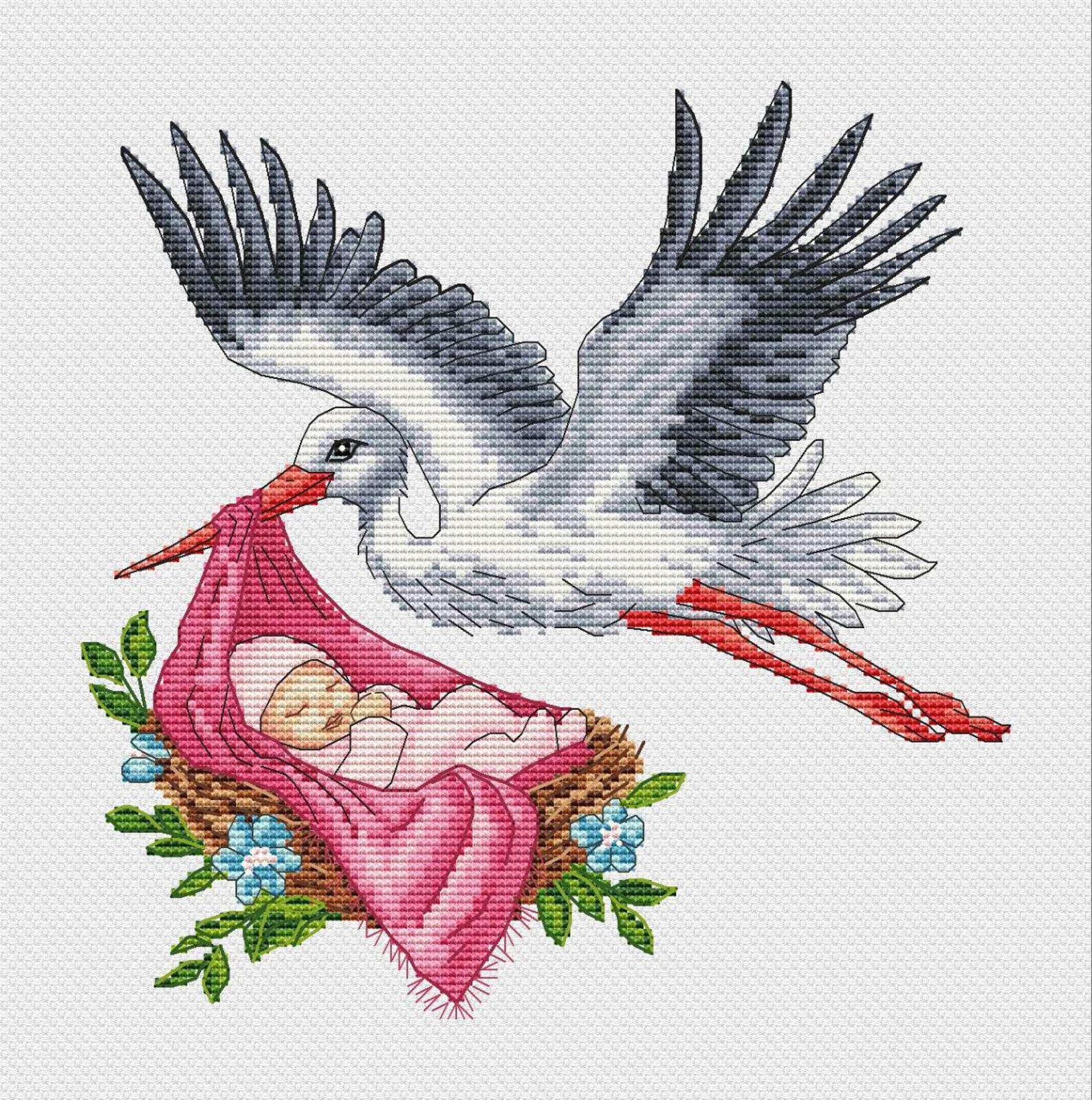 Cross Stitch Pattern in PDF Format, Little Happiness, Stork and Baby, a ...