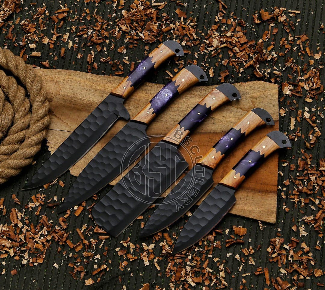 5 Pieces Handmade Forged Kitchen Knife Chef's Set and Leather Roll ...