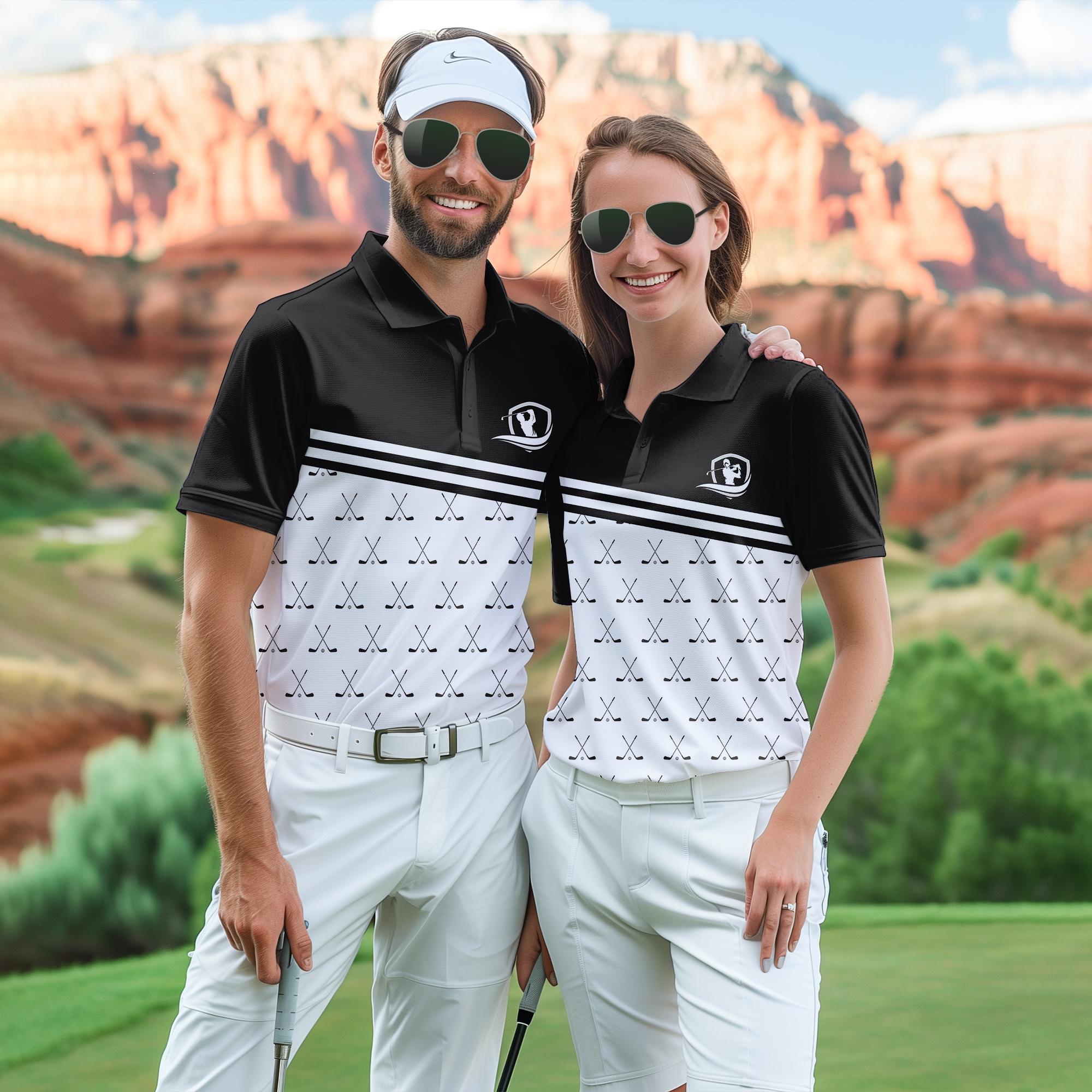Couple Golf Black and White Shirt, Crossed Black Golf Clubs, Women Polo ...