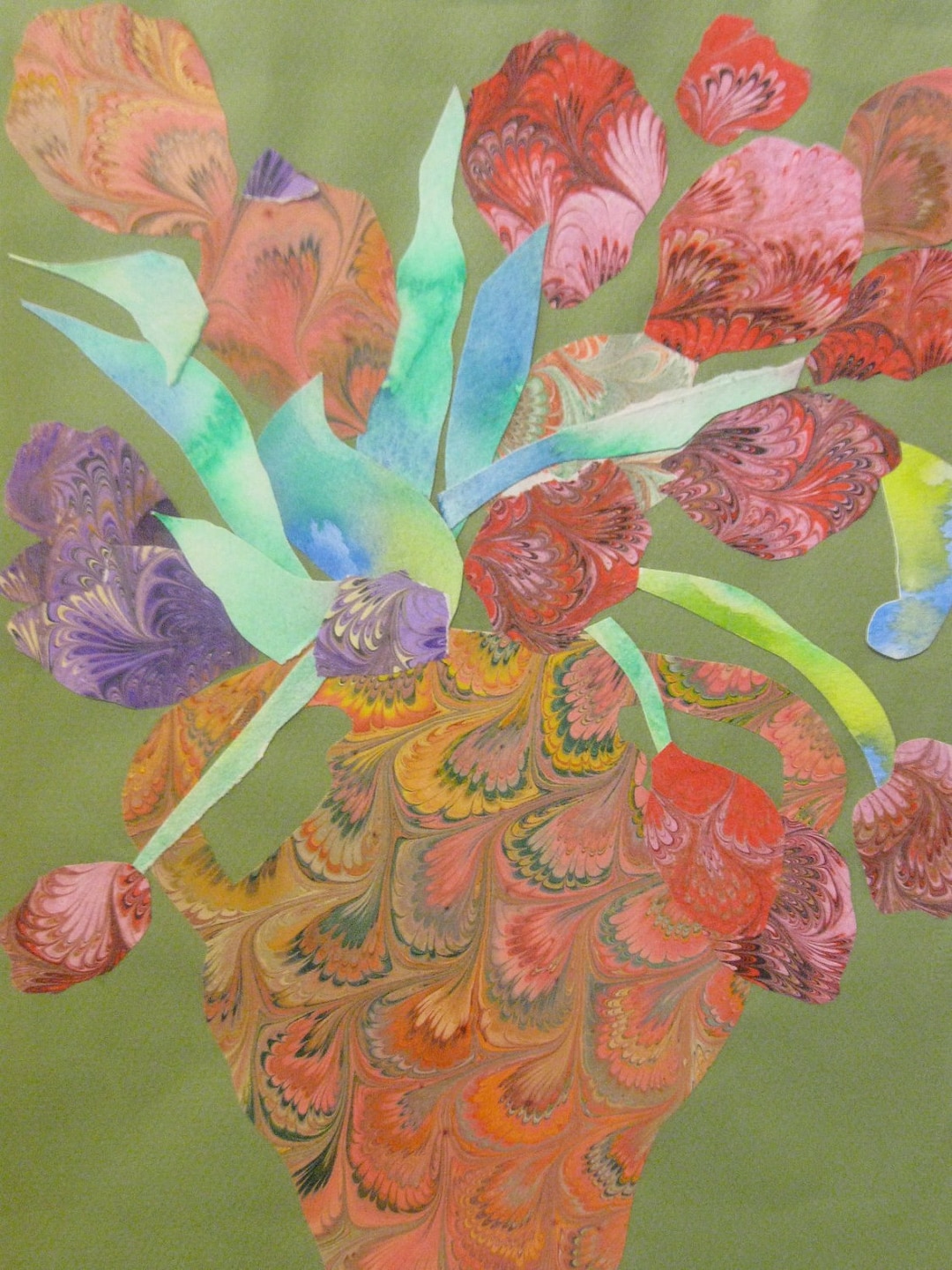 Tulips in Vase Marbled Paper Collage and Watercolor Paper - Etsy