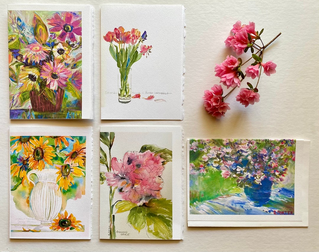 SET of 5 Flower Art Cards - Etsy