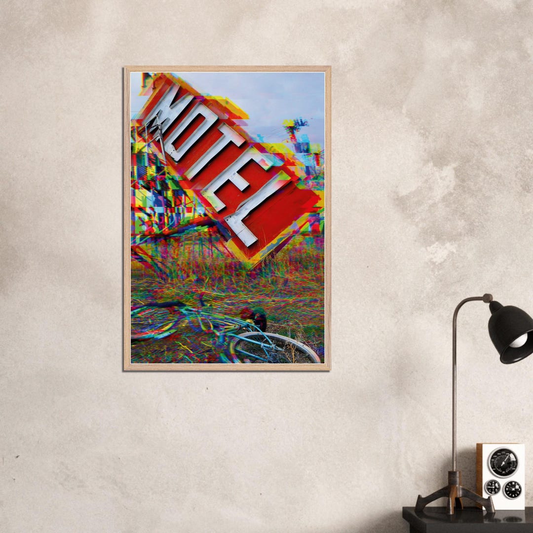 Glitch Art Motel Sign Poster - Colorful Abandoned Bike Frame - Unique ...