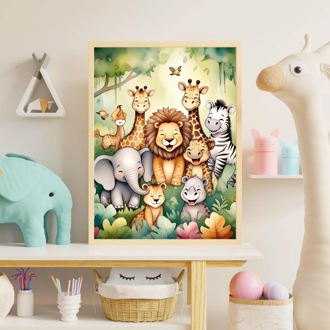 Cute Jungle Safari Animal Nursery Wall Art - Adorable Baby Room Decor ...