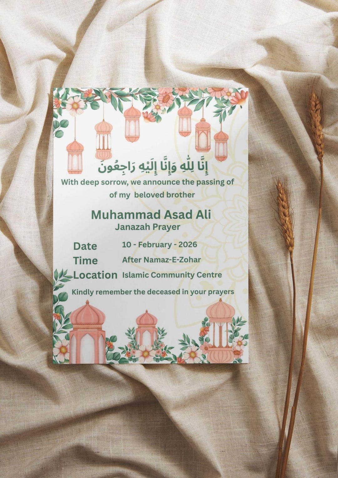 Janazah & Burial Announcement Card | Islamic Funeral Notice | Editable ...