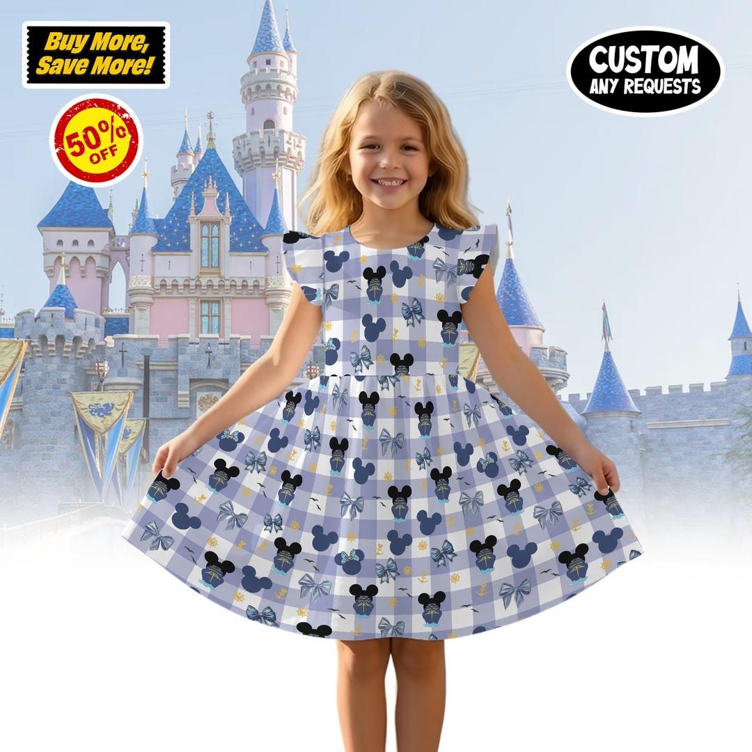 Preppy Blue Gingham Mickey Ship Cruise Ruffle Dress, Nautical Anchor ...