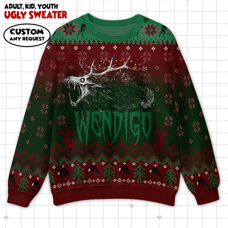 Wendigo Ugly Christmas Sweater, Creepy Forest Monster Ugly Xmas Sweater ...