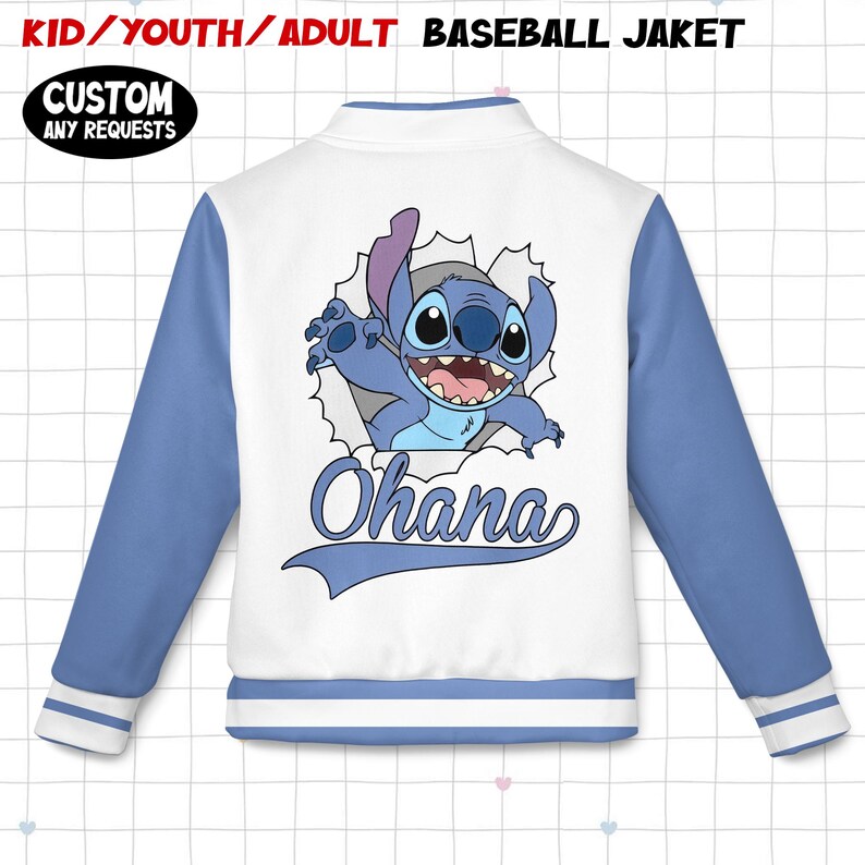 Stitch Ohana Kids and Youth Baseball Jacket, Aldult Unisex Varsity ...