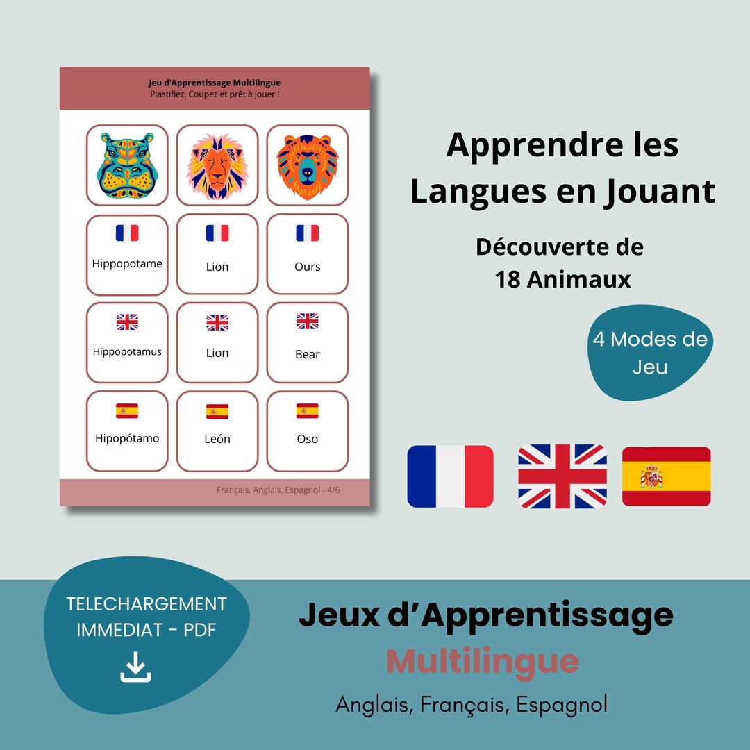 Printable Trilingual Memory Game – Learn Animals in French, English ...
