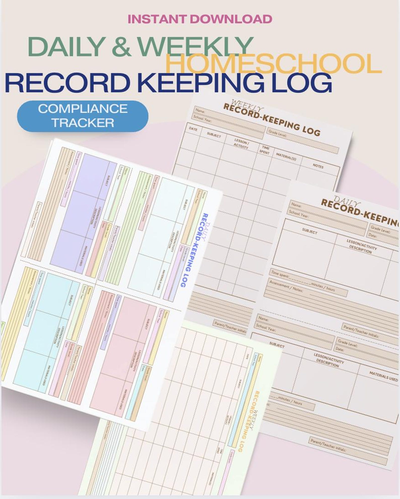 Homeschool Record Keeping Log Printable Daily and Weekly Lesson Planner ...