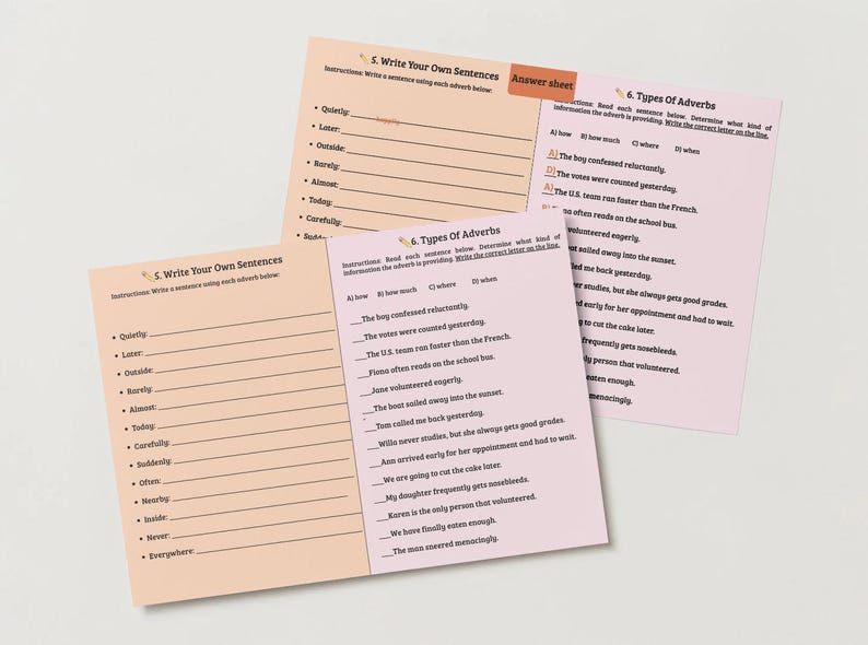 Adverbs Worksheets and Cards 1/8 Parts of Speech Grammar Practice ...