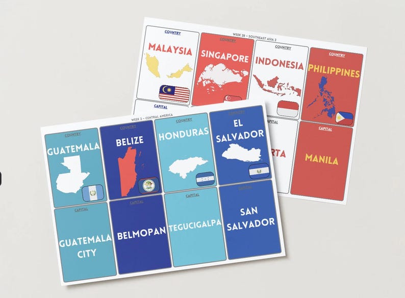 World Countries Capitals Flashcards With Flags 36-week Geography ...