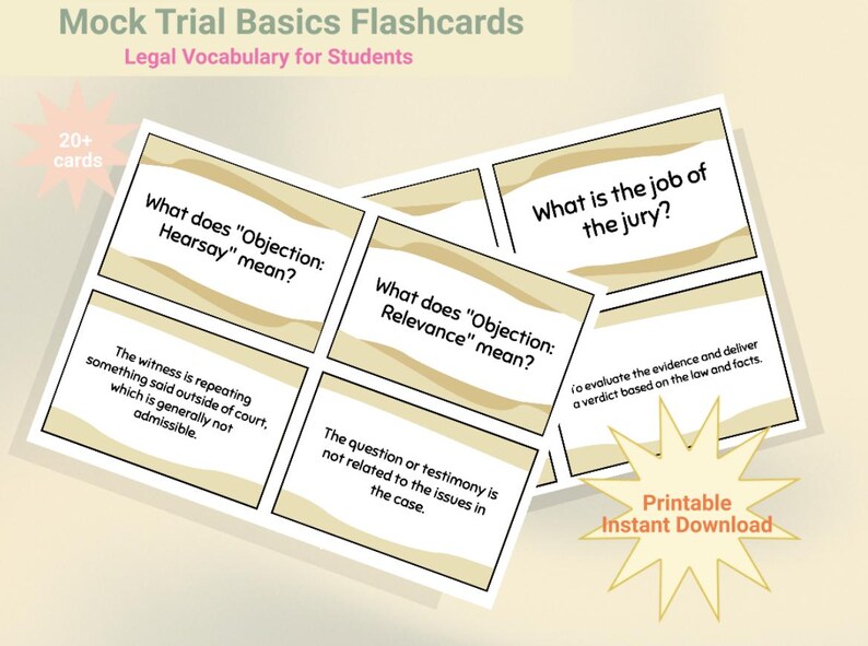 Mock Trial Flashcards Printable PDF Legal Vocabulary for Students ...