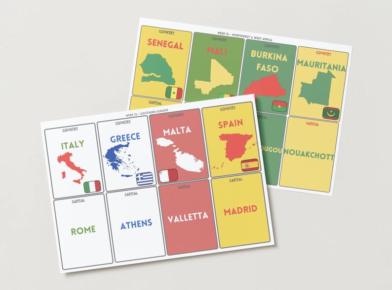 World Countries Capitals Flashcards With Flags 36-week Geography ...