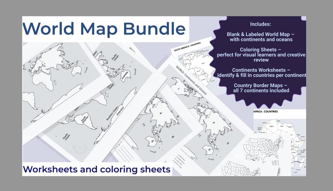 Geography World Map Bundle Printable PDF Blank Labeled Maps Continents ...
