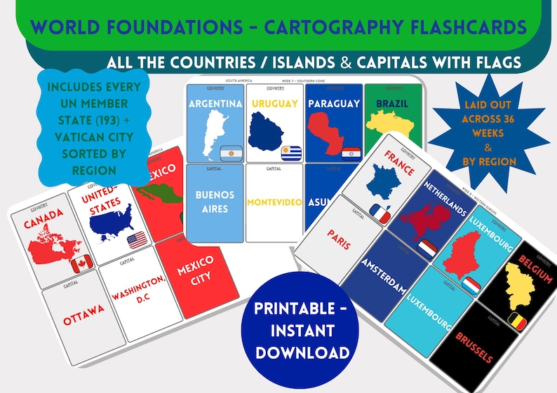 World Countries Capitals Flashcards With Flags 36-week Geography ...