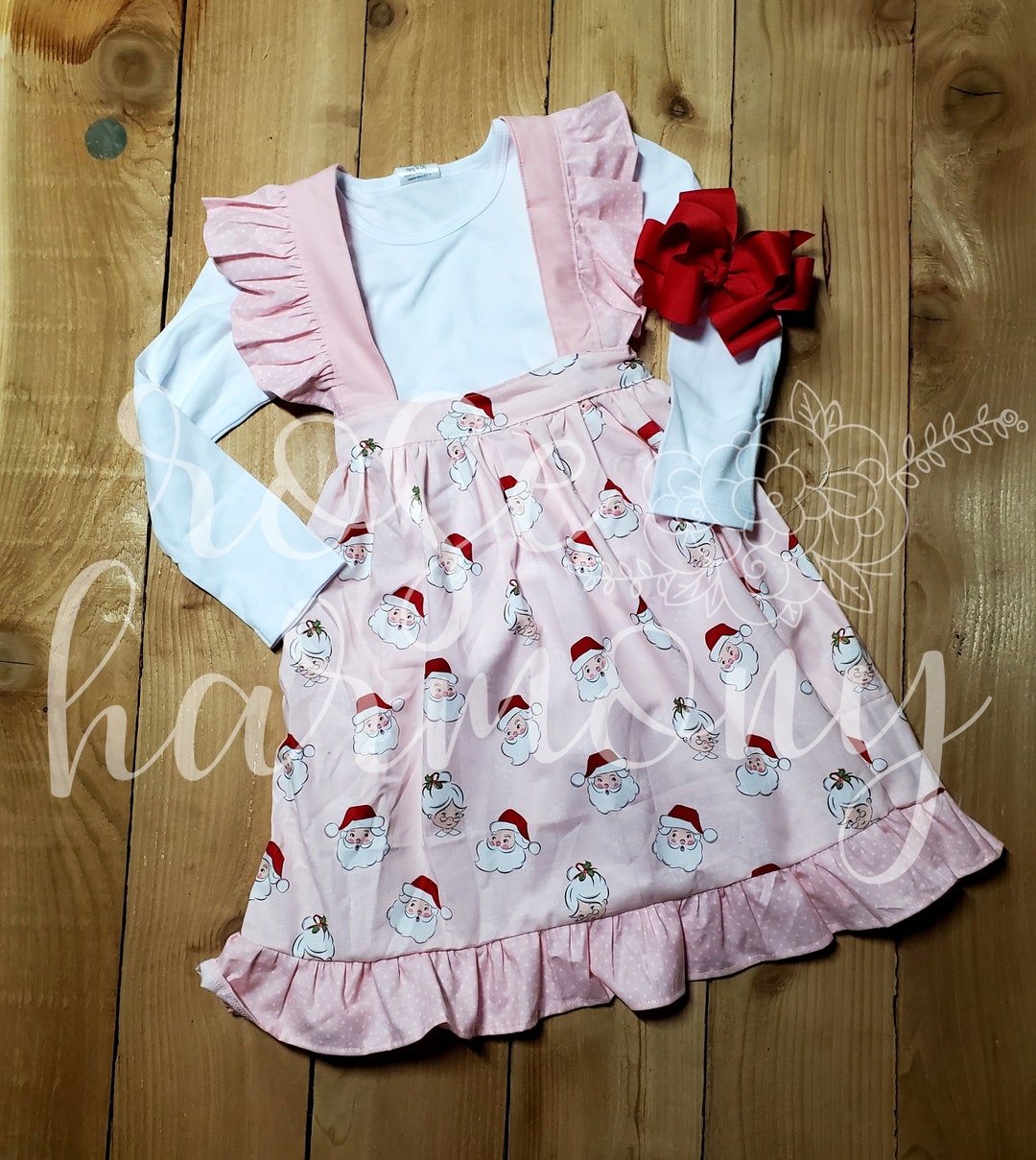 Girl Pink Santa Christmas Dress, Santa Photo Shoot, Ruffle Sleeve Dress ...