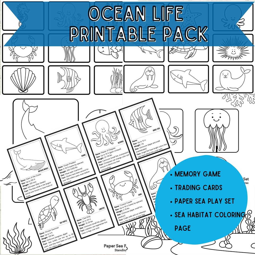 Sea Animal Printable Pack: Color Your Own Memory Game, Trading Cards ...
